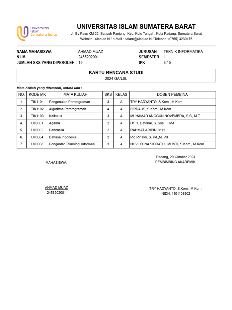 KRS Mahasiswa 2024 | PDF