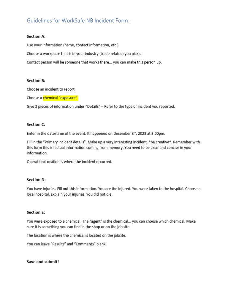 Guidelines For WorkSafe NB Incident Form | PDF
