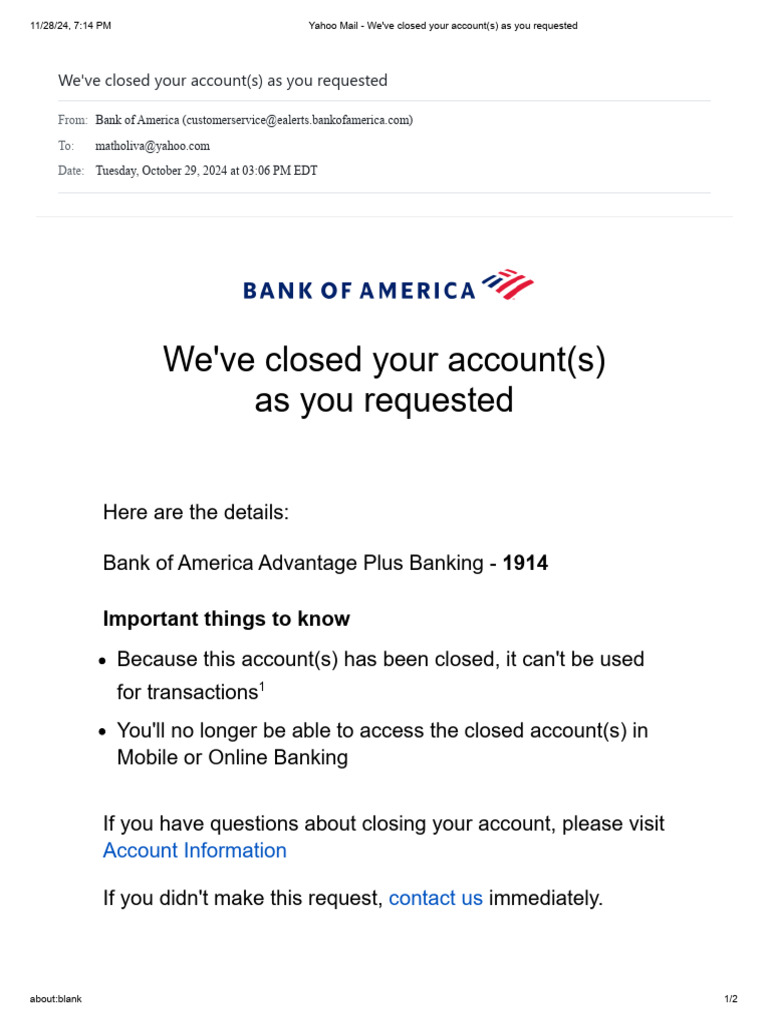 Bank of America Account Closure Notice | PDF