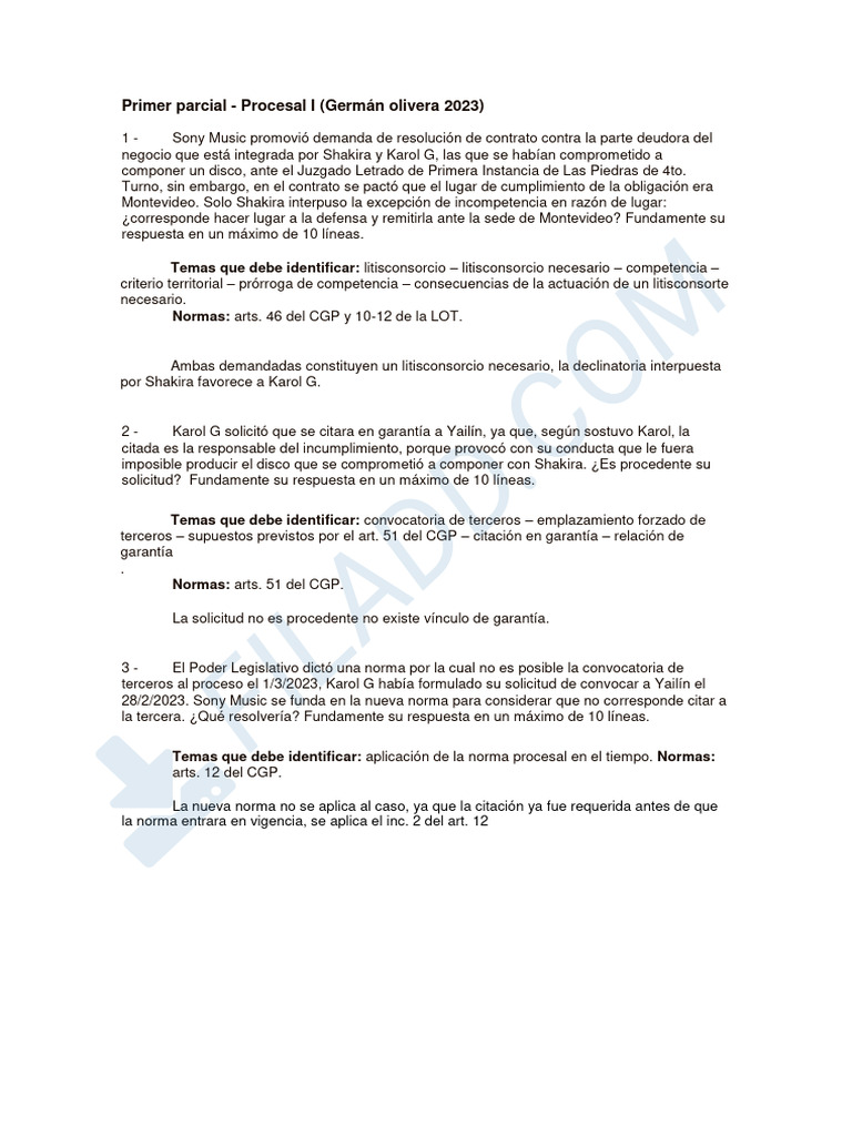 Primer Parcial 2023 Correccion Procesal 1 German Olivera | PDF