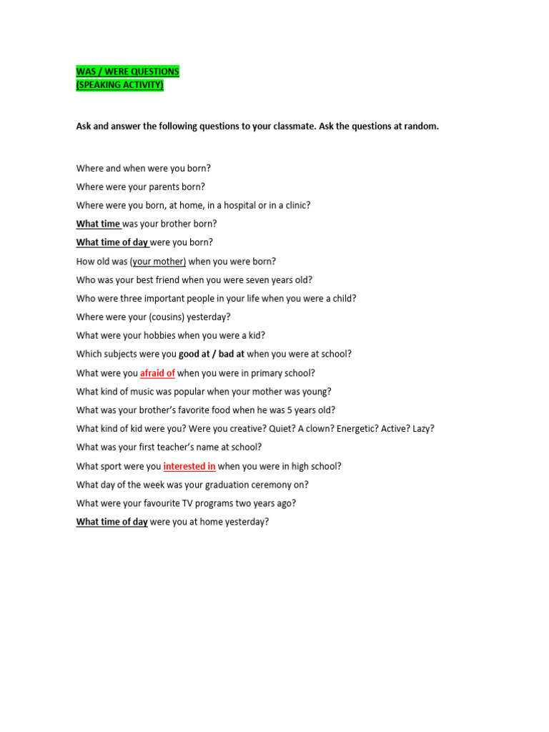 Questions With Was - Were Discussion | PDF