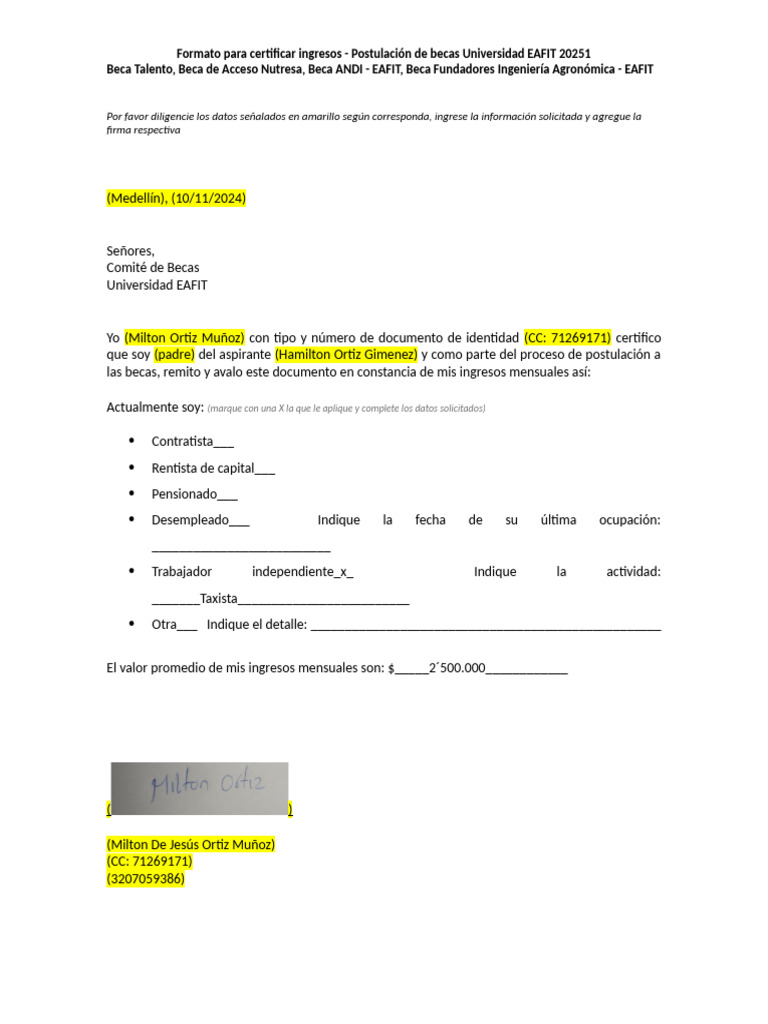Certificación de Ingresos para Becas EAFIT | PDF