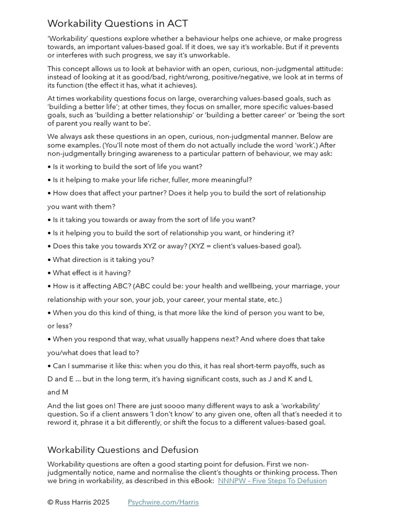 Workability Questions in ACT Explained | PDF | Behavior | Psychology