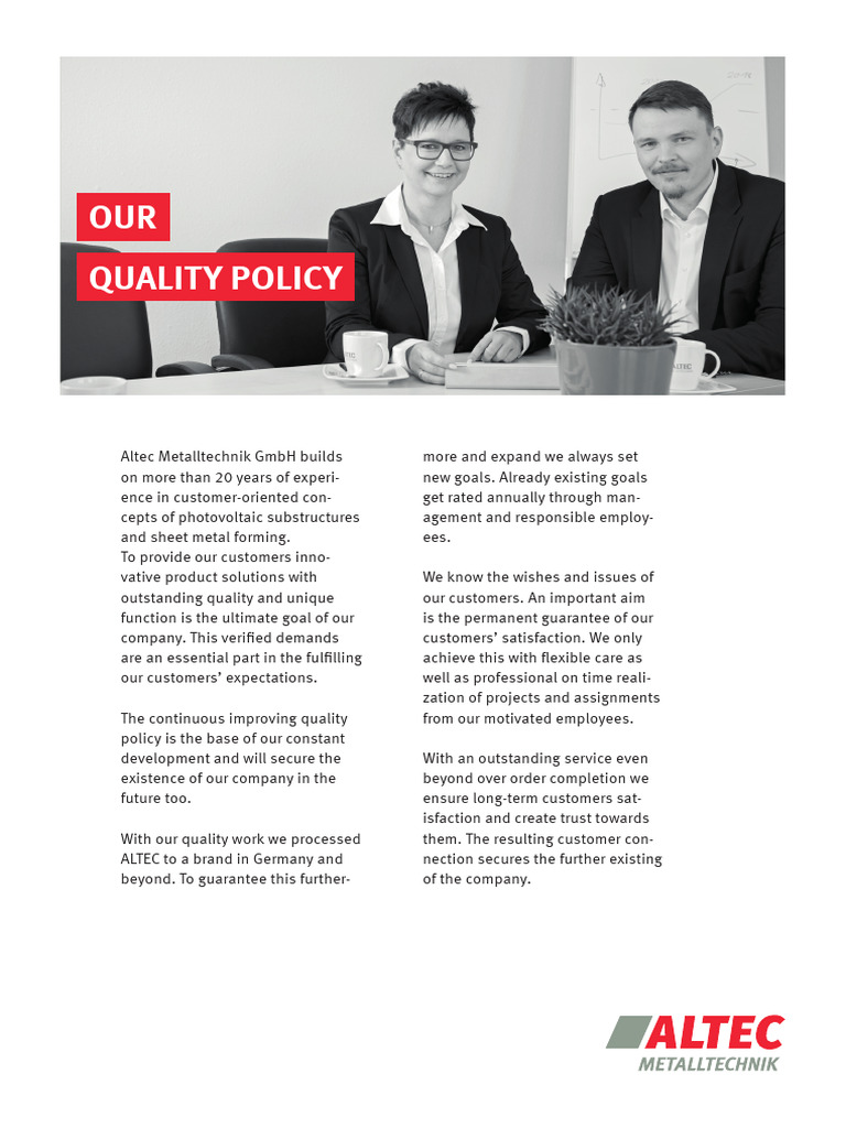 ALTEC_PV_Mounting systems_Our_QUALITY_POLICY | PDF | Business | Economies