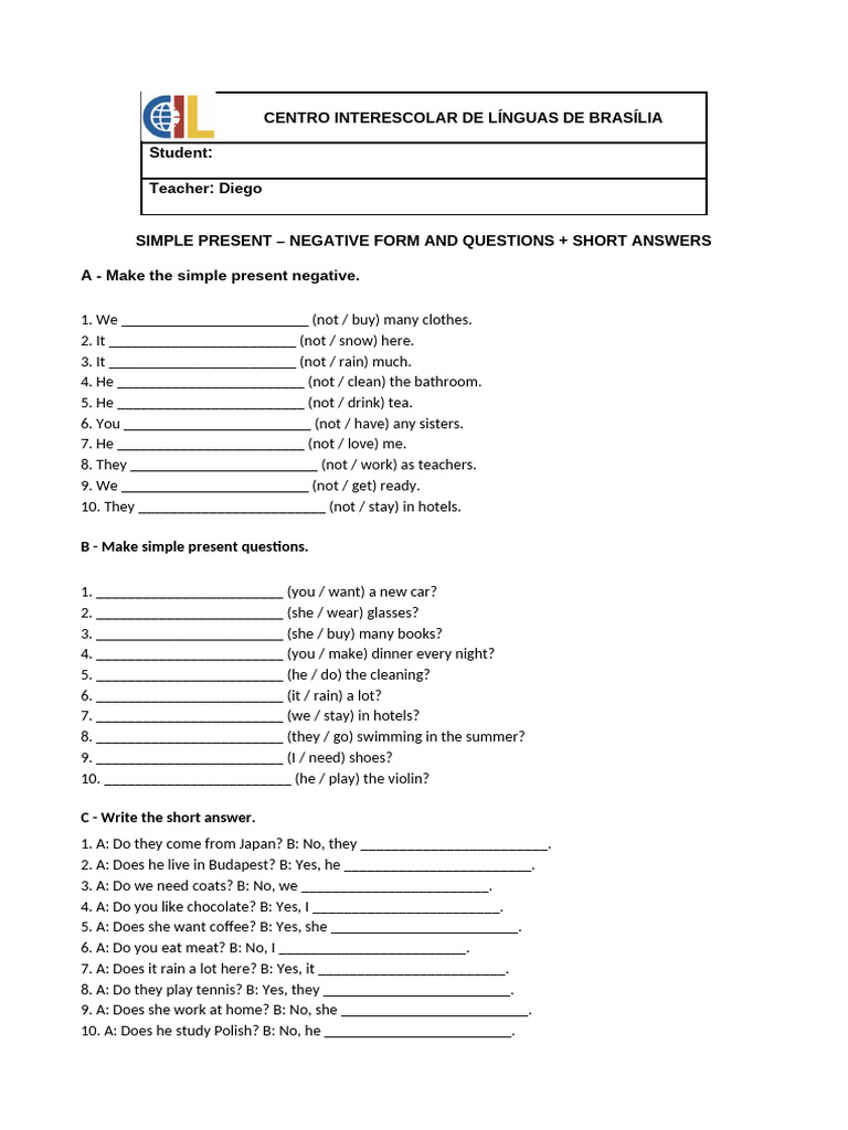 Simple Present Negative and Questions | PDF