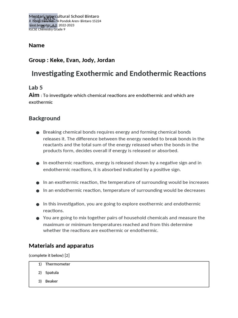 Exothermic vs Endothermic Reactions Lab | PDF | Chemical Reactions ...