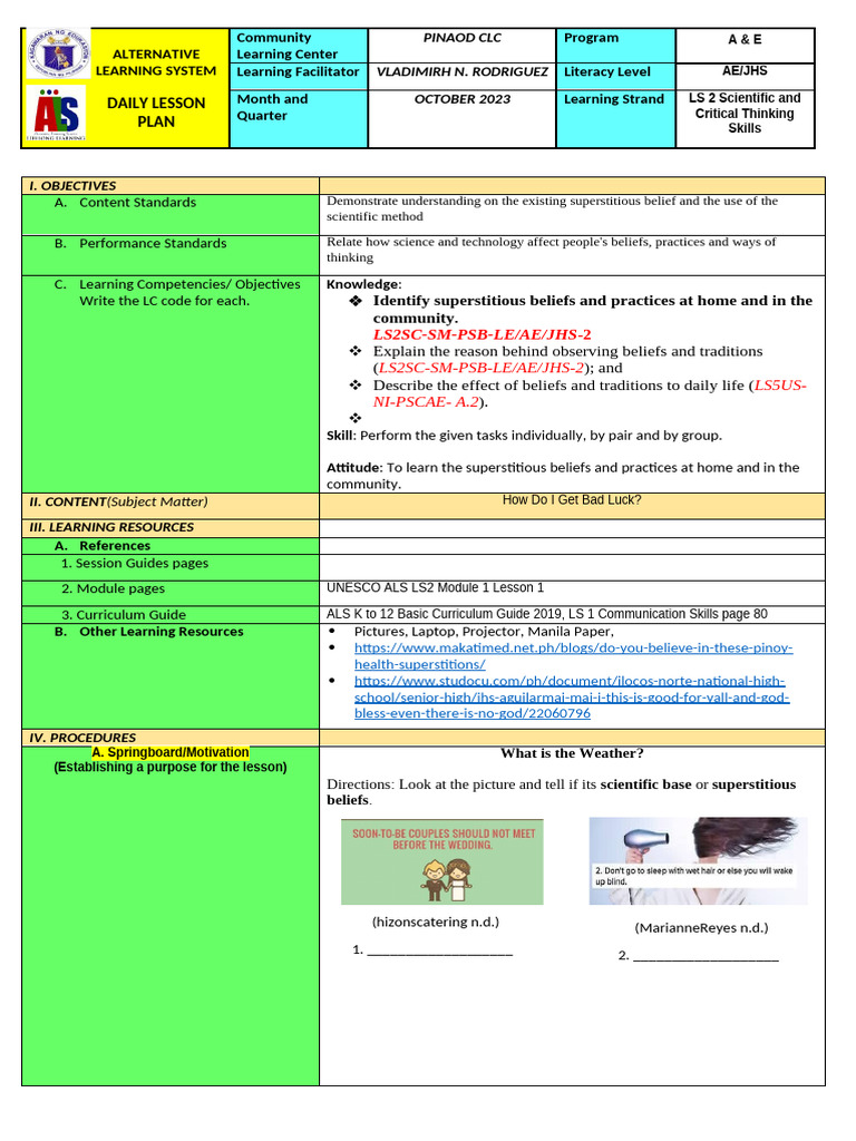 LS2 Science DLP-AE-JHS (Superstitious Beliefs) | PDF | Superstitions ...