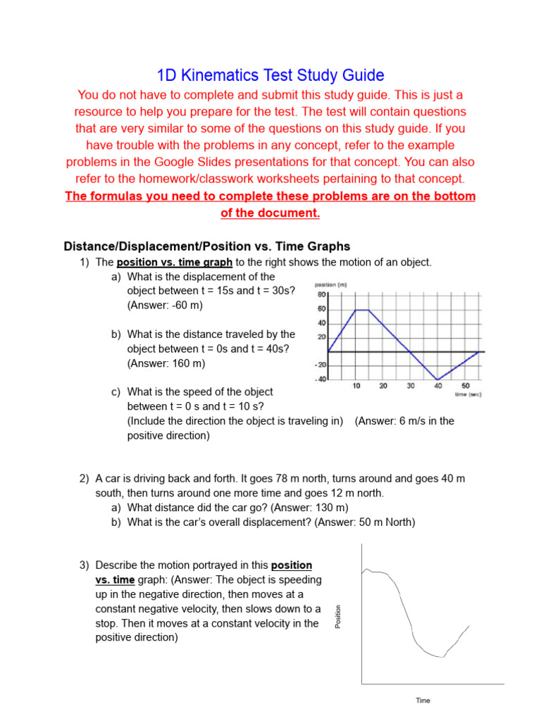 1D Kinematics Test Study Guide | PDF | Velocity | Speed