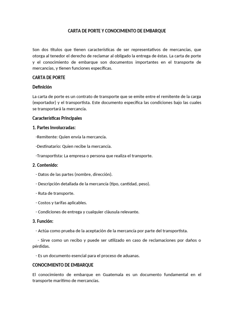 Carta de Porte y Conocimiento de Embarque | PDF | Guía de carga