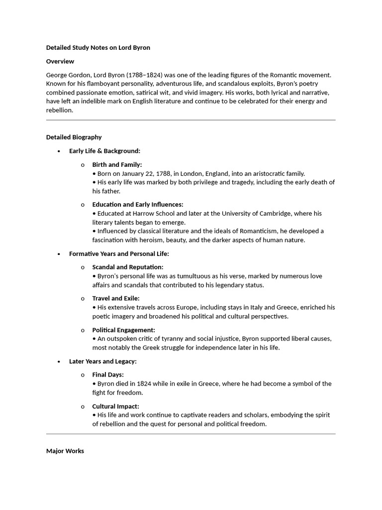 Detailed Study Notes On Lord Byron | PDF | Romanticism | Hero