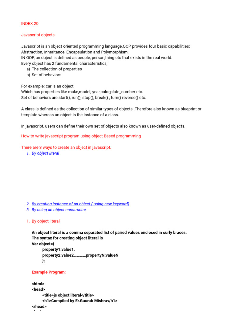 Index 14 Js Objects And Classes Pdf Constructor Object Oriented 9120