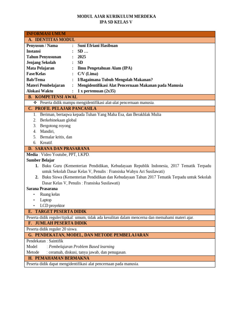 Modul Ajar IPA Kelas V: Pencernaan Manusia | PDF