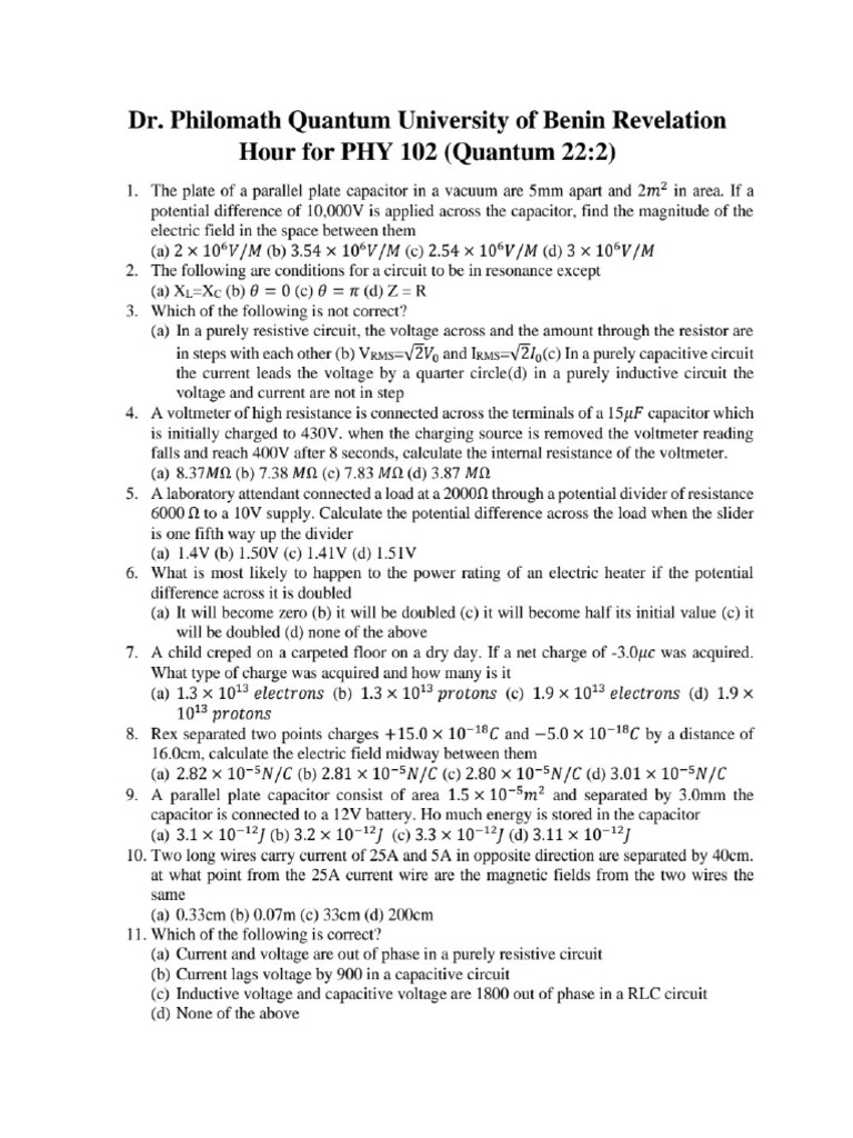 LSC PHY102 RHEMA QUESTIONS BY Dr. Philomath Quantum | PDF