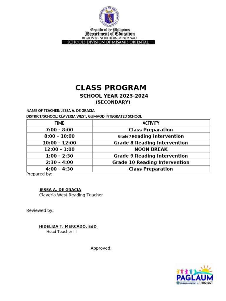 Claveria West Class Program 2023-2024 | PDF