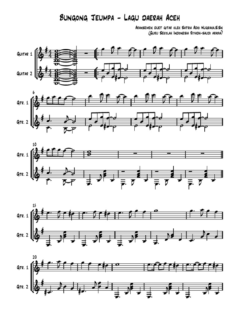 Partitur Lagu Daerah Aceh - Bungong Jeumpa - Duet Gitar-Siswa Sekolah ...