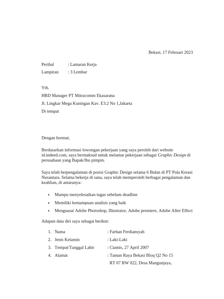 Surat Lamaran Kerja Farhan Ferdi | PDF