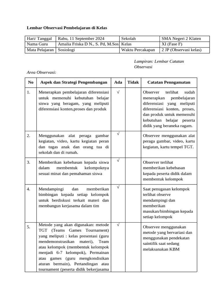 2 - Lembar Observasi Pembelajaran Di Kelas | PDF