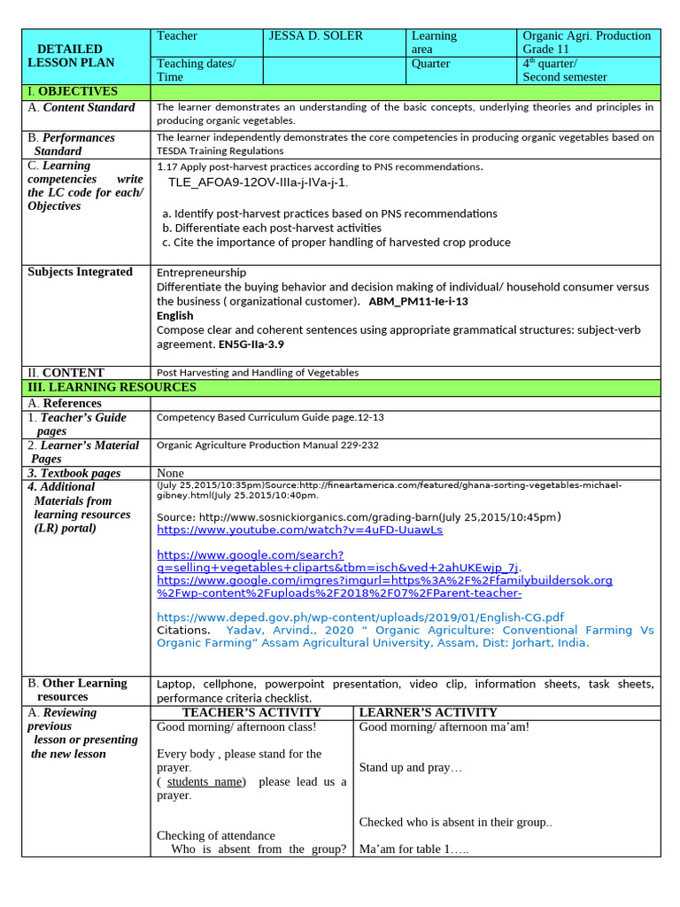 Organic Vegetable Post-Harvest Lesson Plan | PDF | Learning | Vegetables