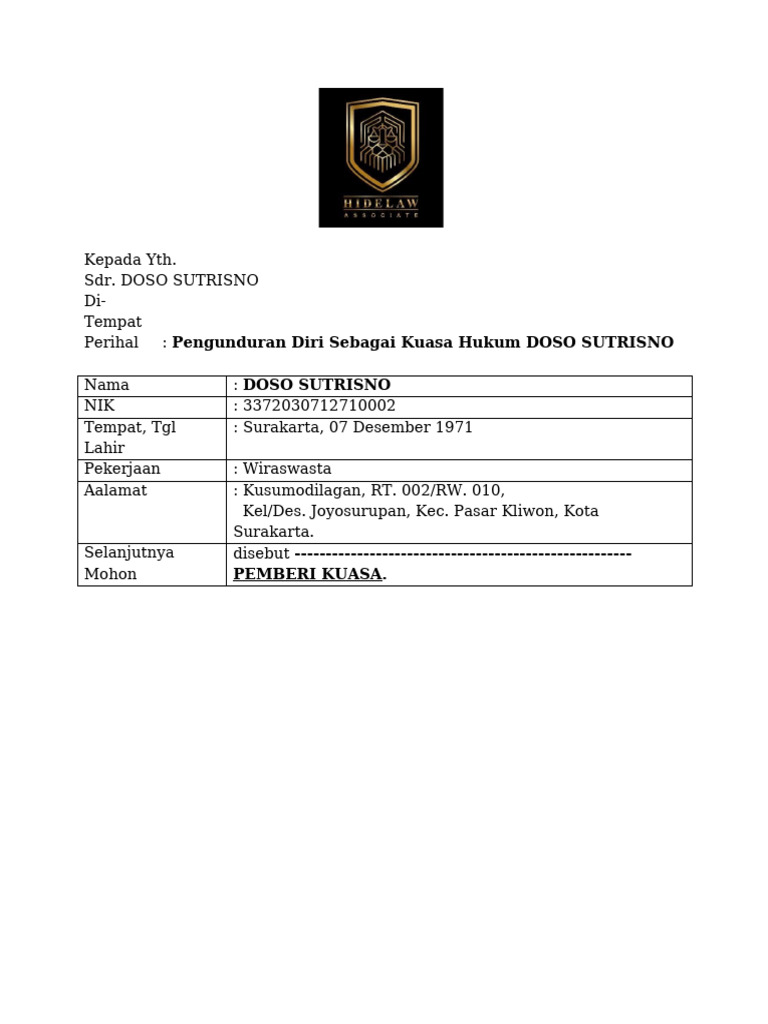 Pengunduran Diri Sebagai Kuasa Hukum Klient Doso | PDF