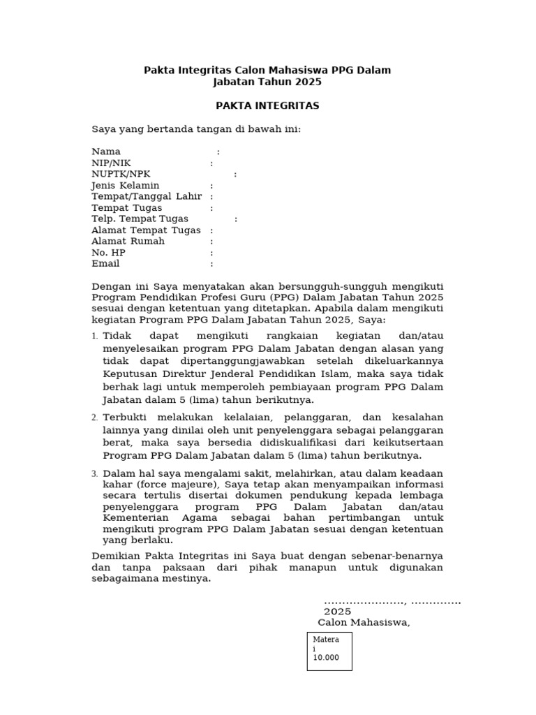 Pakta Integritas PPG 2025 Calon Mahasiswa | PDF