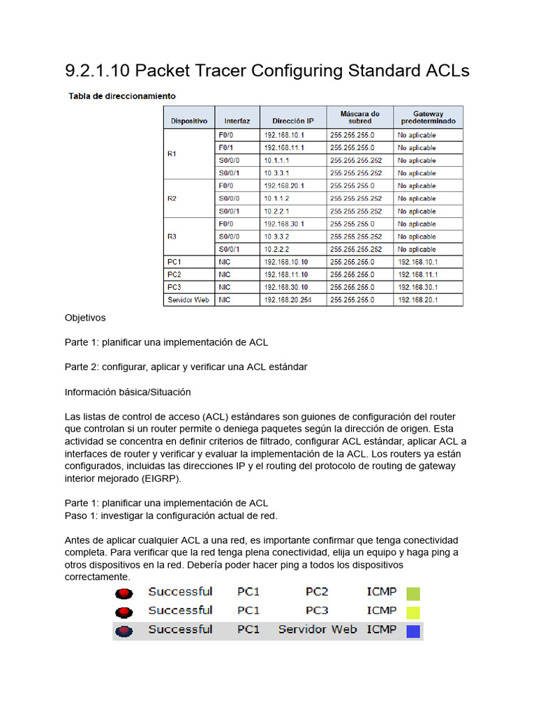 9.2.1.10 Packet Tracer Configuring Standard ACLs | PDF | Enrutador (Computación) | Protocolos de ...