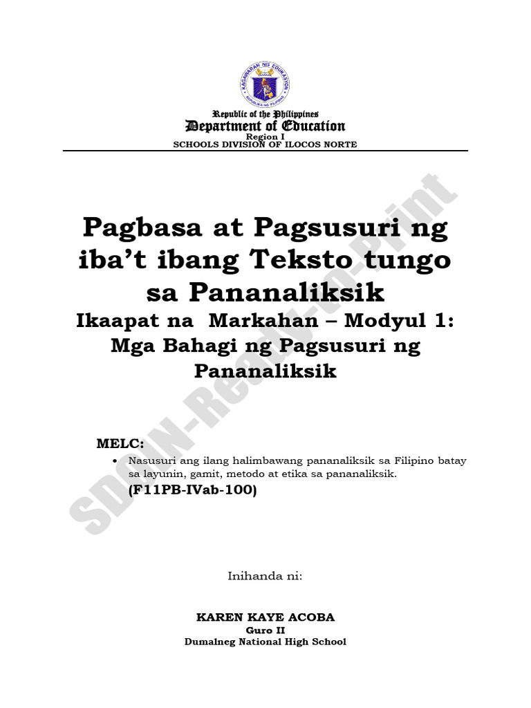 Pagbasa at Pagsusuri - Filipino 11 Q4 Week1 Mod1 MELC1 - Karen Kaye Acoba Edited Editha Mabanag ...