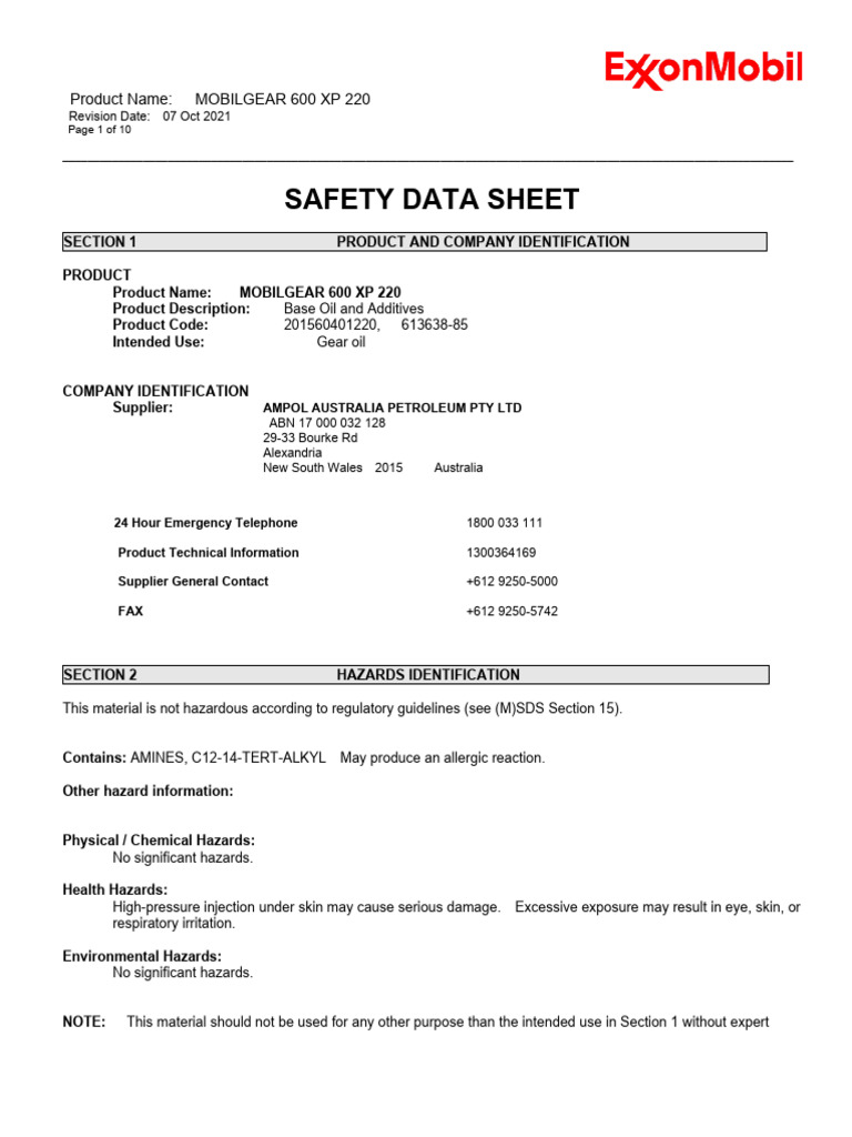 MOBILGEAR 600 XP 220 Safety Data Sheet | PDF | Personal Protective ...