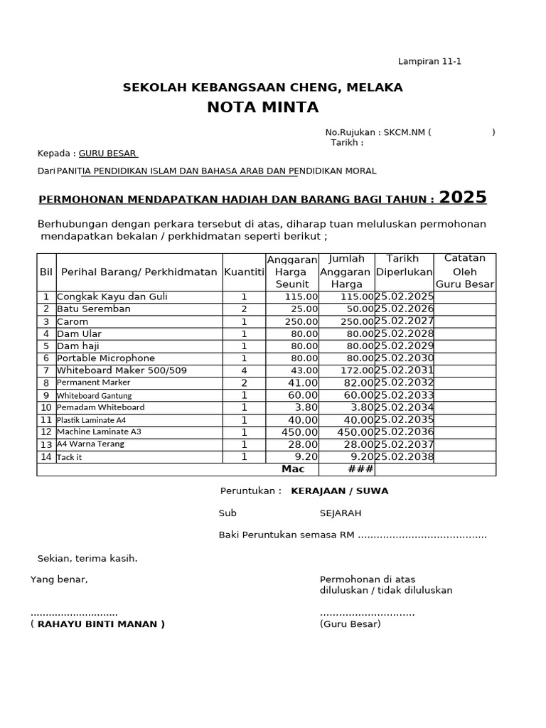Nota Minta Sejarah 2025 | PDF