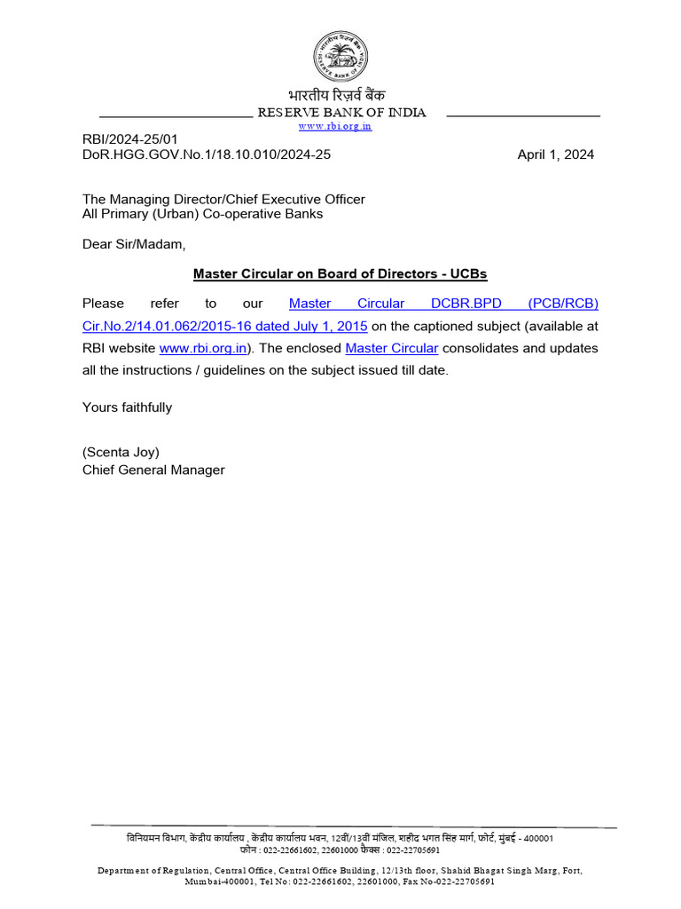 Master Circular On Board of Directors UCB - 01.04.2024 | PDF | Banks | Reserve Bank Of India