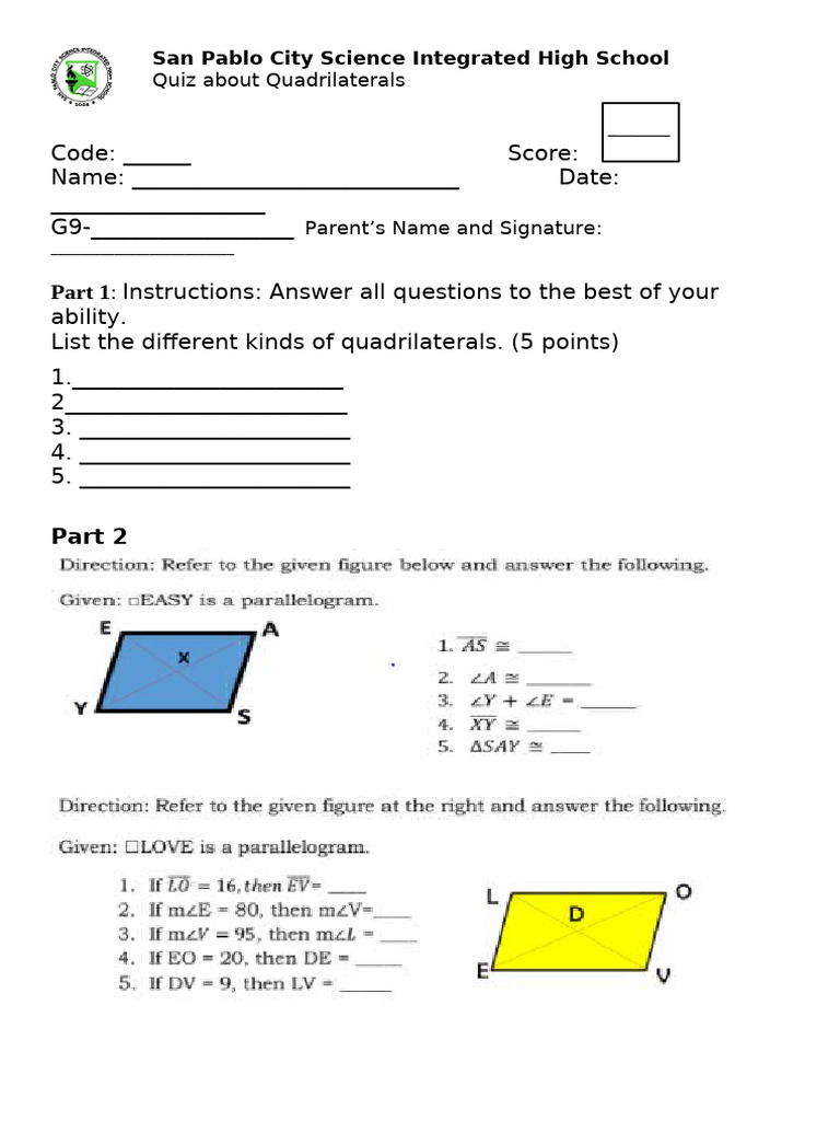 Quiz-Math9-Quadrilaterals | PDF