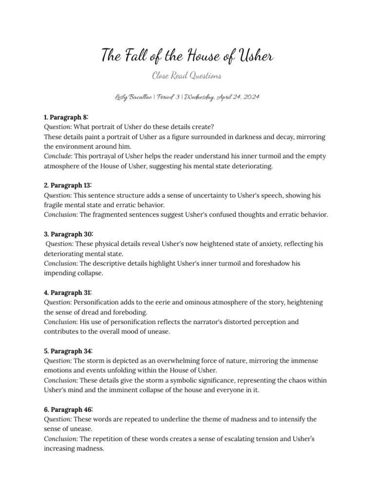 The Fall of The House of Usher Questions | PDF | Psychological Concepts ...