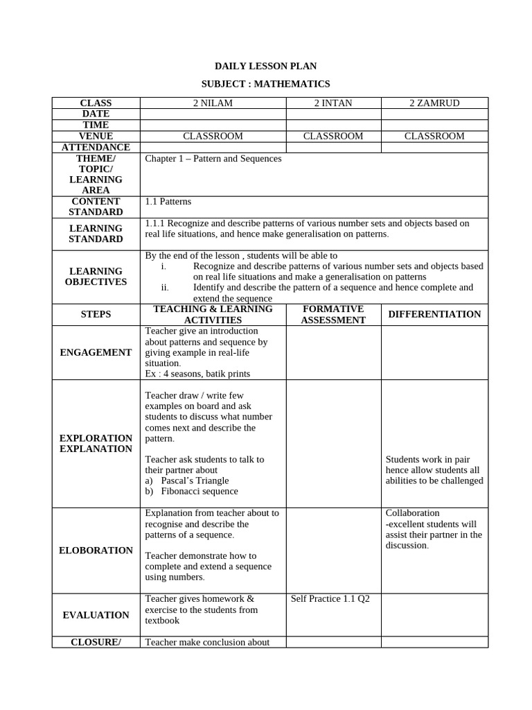 CH 1 Pattern and Sequence | PDF | Lesson Plan | Learning