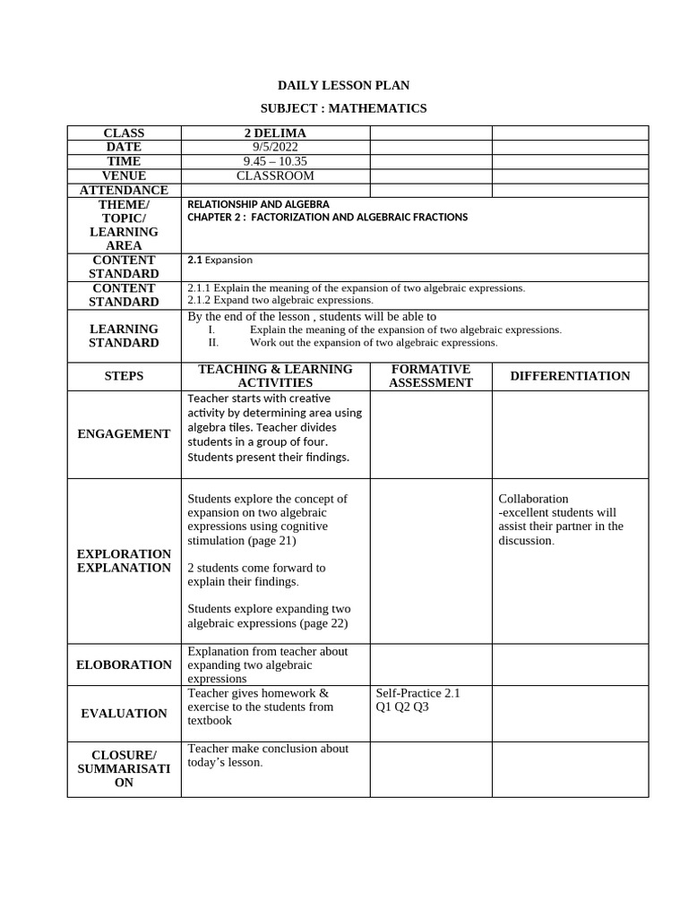 Daily Math Lesson Plan: Algebra Focus | PDF | Learning | Lesson Plan