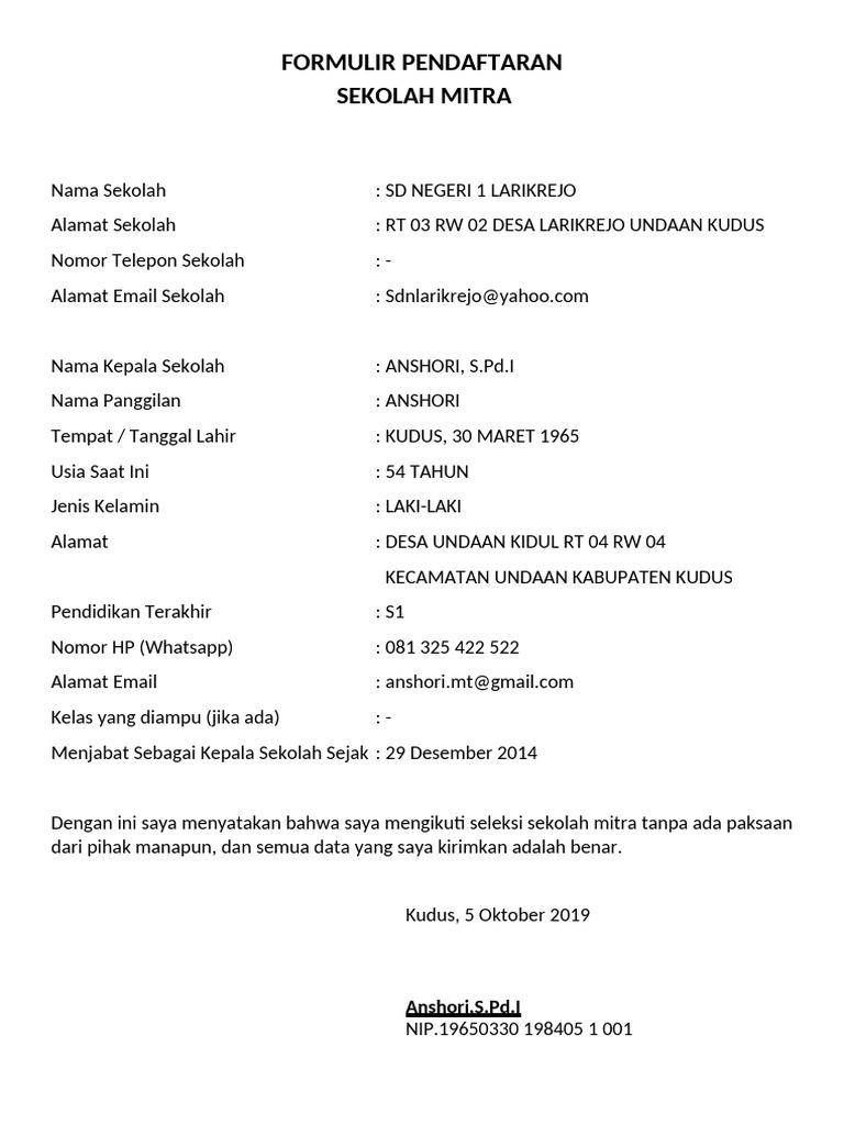 Formulir Pendaftaran Sekolah Mitra | PDF