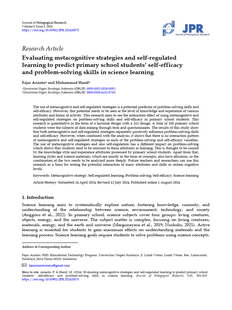 Evaluating Metacognitive Strategies and Self Regulated Learning To Predict Primary School ...