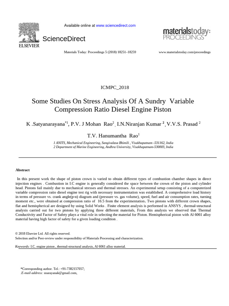 Some Studies on Stress Analysis of a Sundry Variable Compression Ratio Diesel Engine Piston (2 ...