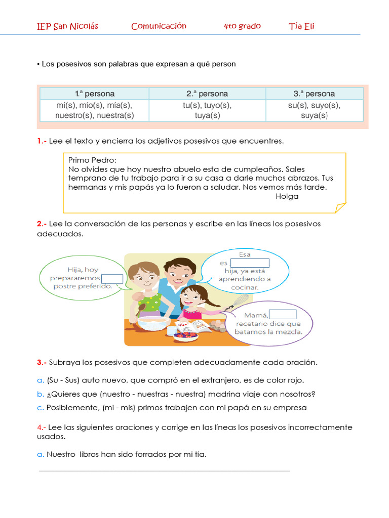 Actividades sobre Adjetivos Posesivos | PDF | Adjetivo