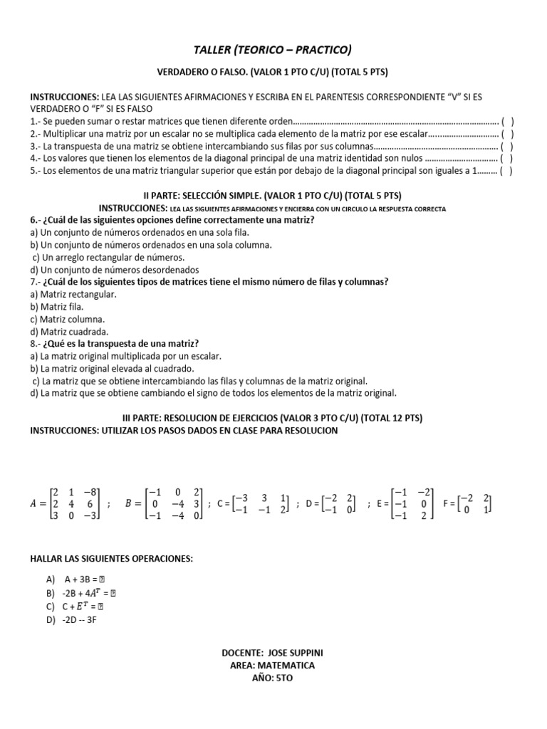 Taller de Matrices de 5to Año | PDF | Matriz (Matemáticas) | Álgebra