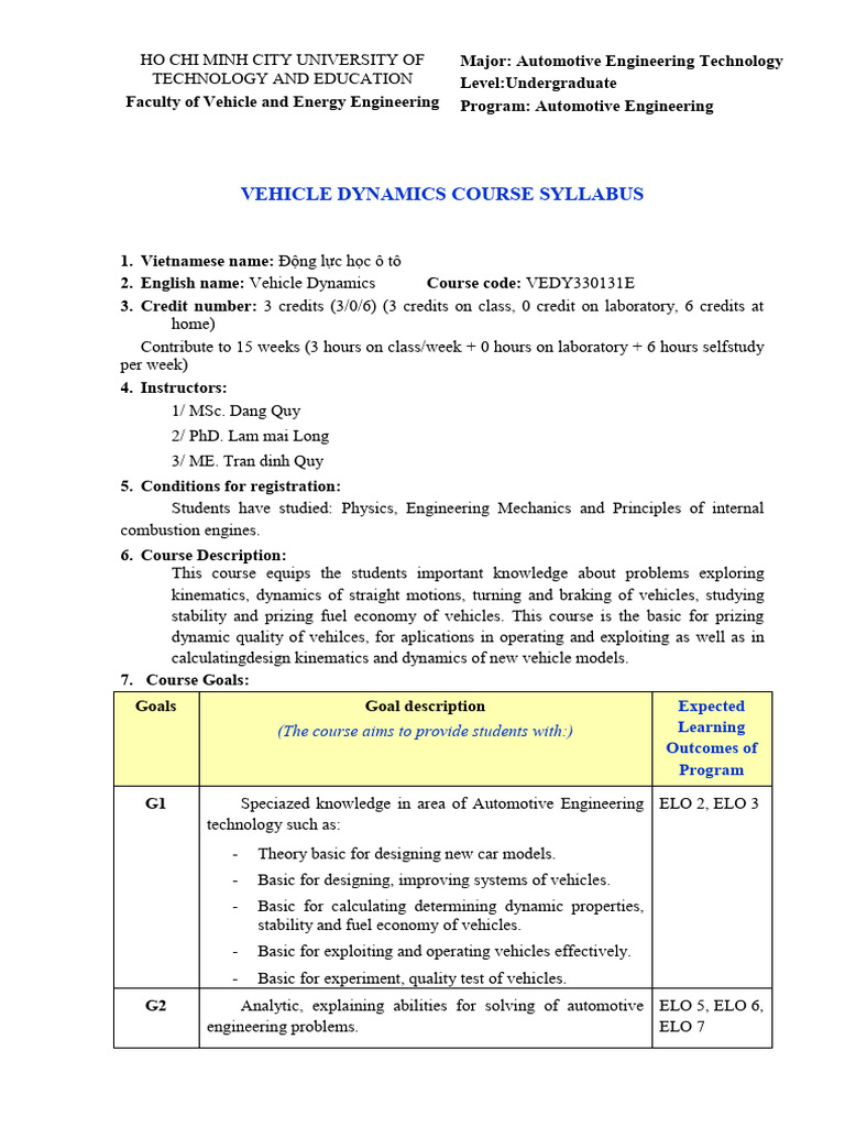 1 Syllabus Vehicle Dynamics VEDY330131E | PDF | Force | Anti Lock ...