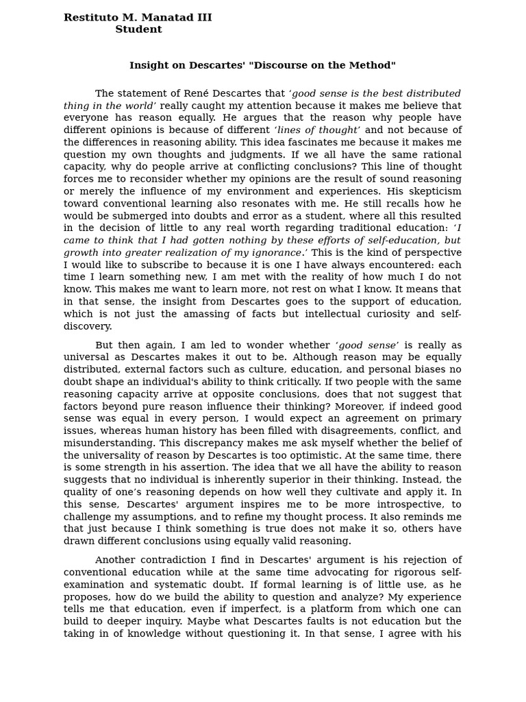 Insights on Descartes' Reasoning and Education | PDF | Reason | René ...