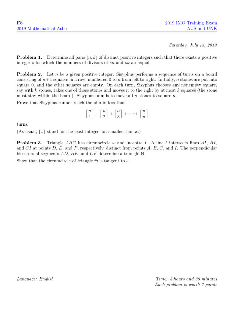 2019 IMO Training Exam Problems | PDF