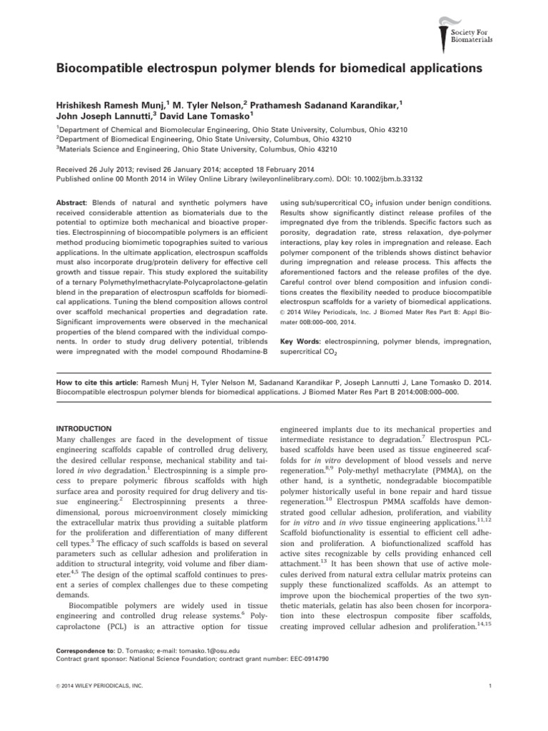 Biocompatible electrospun polymer blends for biomedical applications | PDF | Tissue Engineering ...
