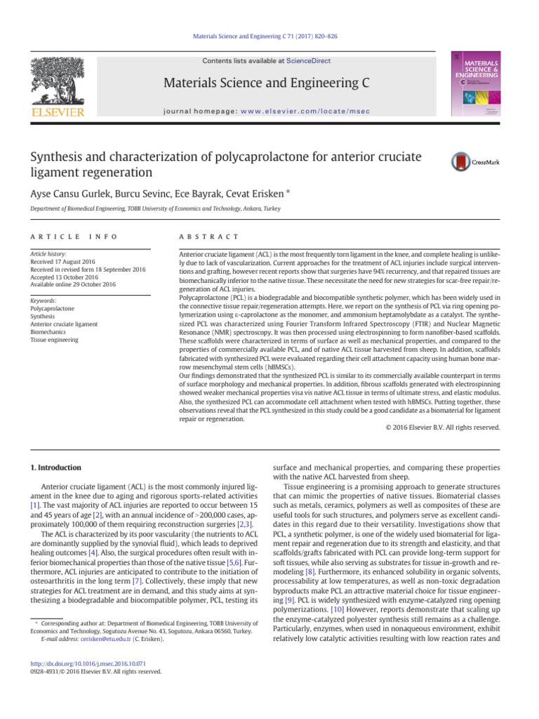 Synthesis and Characterization of Polycaprolactone For Anterior Cruciate Ligament Regeneration ...