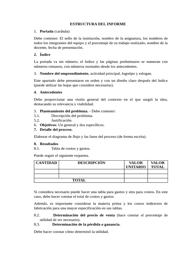 Estructura de Informe de Emprendimiento | PDF