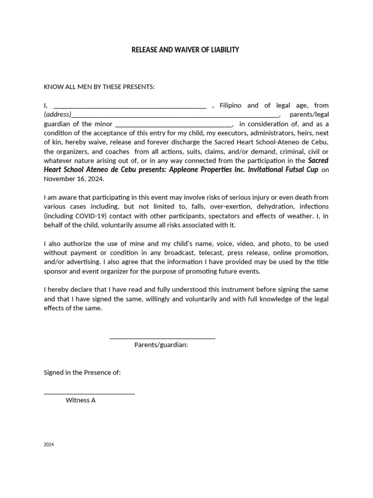 Futsal Cup Liability Waiver Form | PDF