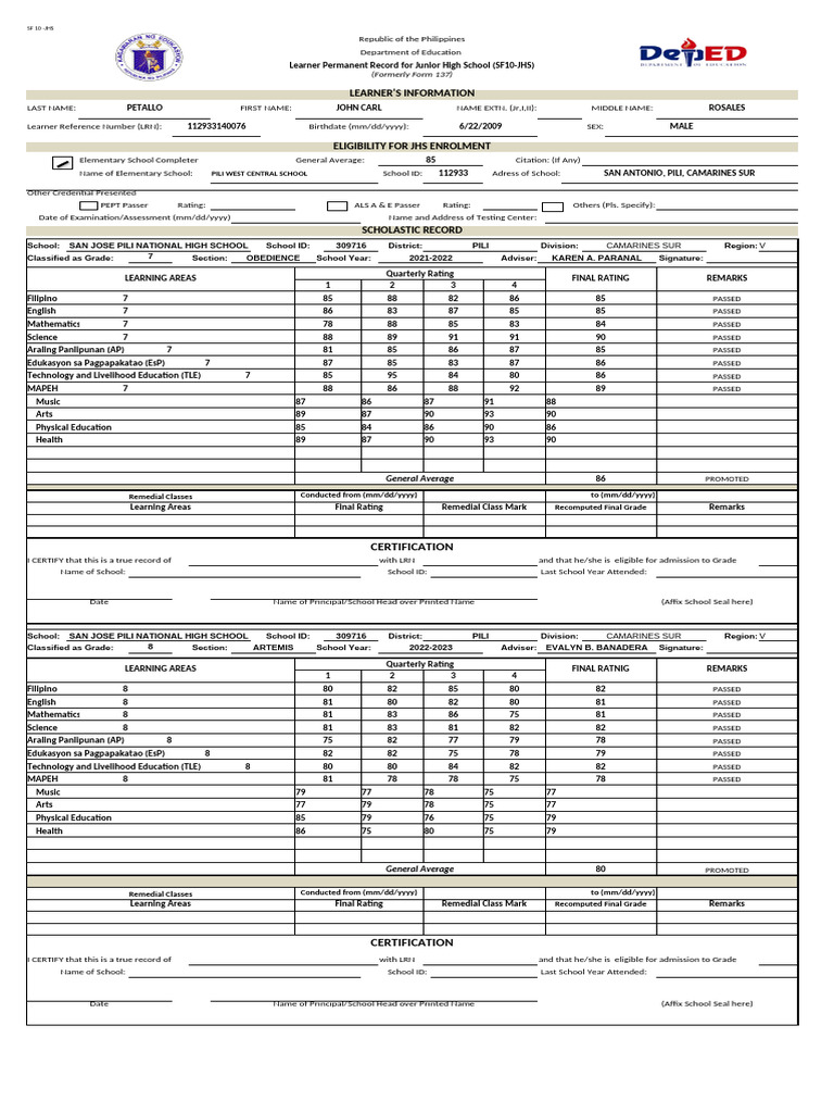 JHS Learner Permanent Record Form | PDF | Middle Schools | Primary Education