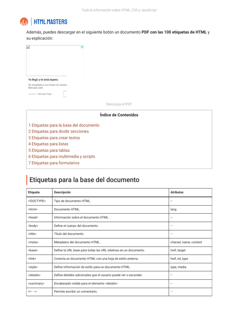100 Etiquetas HTML y sus Funciones | PDF | HTML | Página web