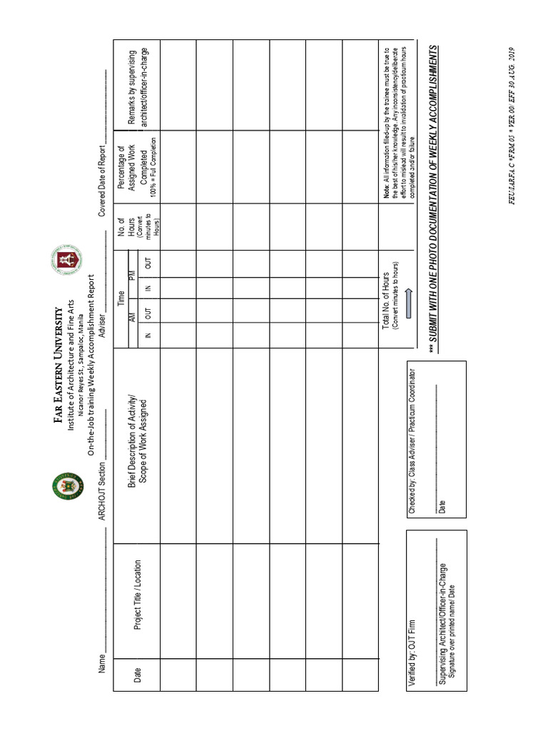 FEU IARFA.C FRM.05 VER.00 EFF 30 AUG. 2019 On-the-Job Training Weekly ...