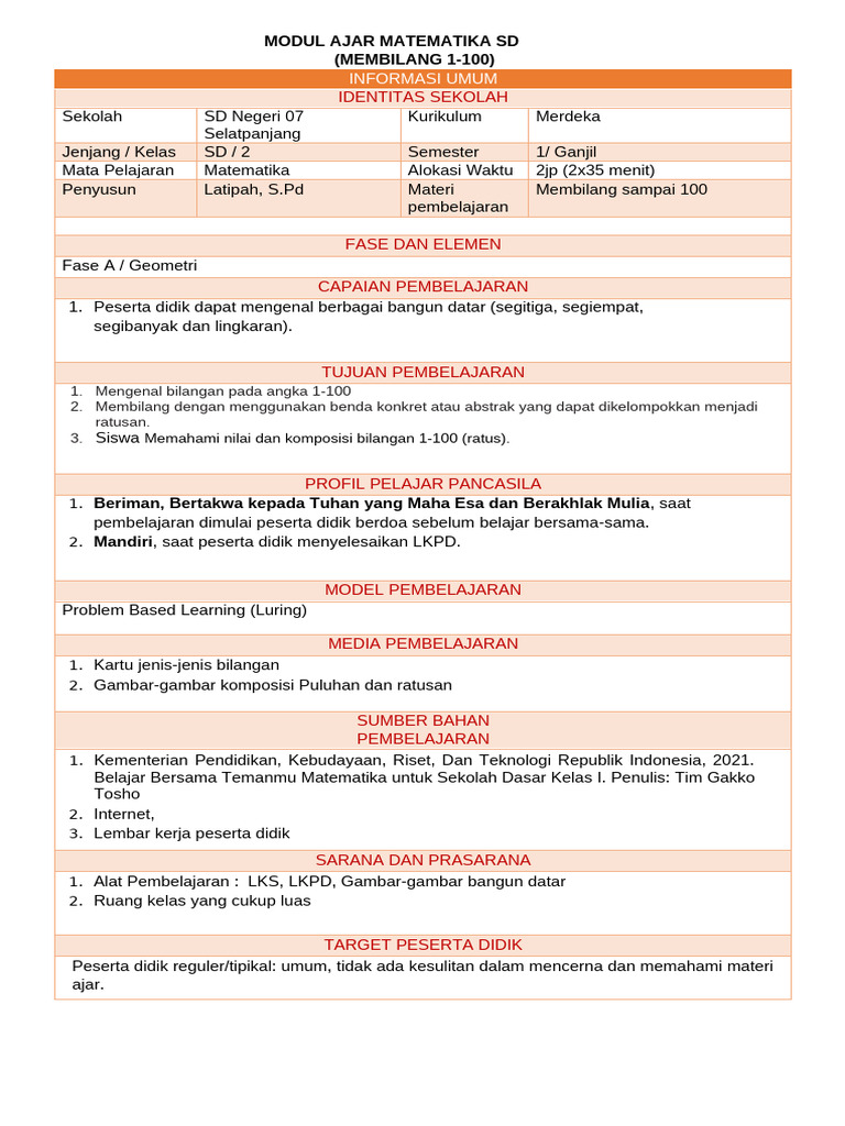 Modul Ajar MTK Membilang Sampai 100 | PDF