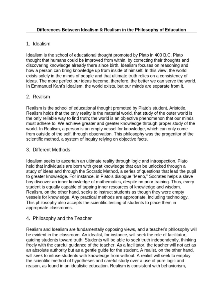 Differences Between Idealism and Realism | PDF | Philosophical Realism ...